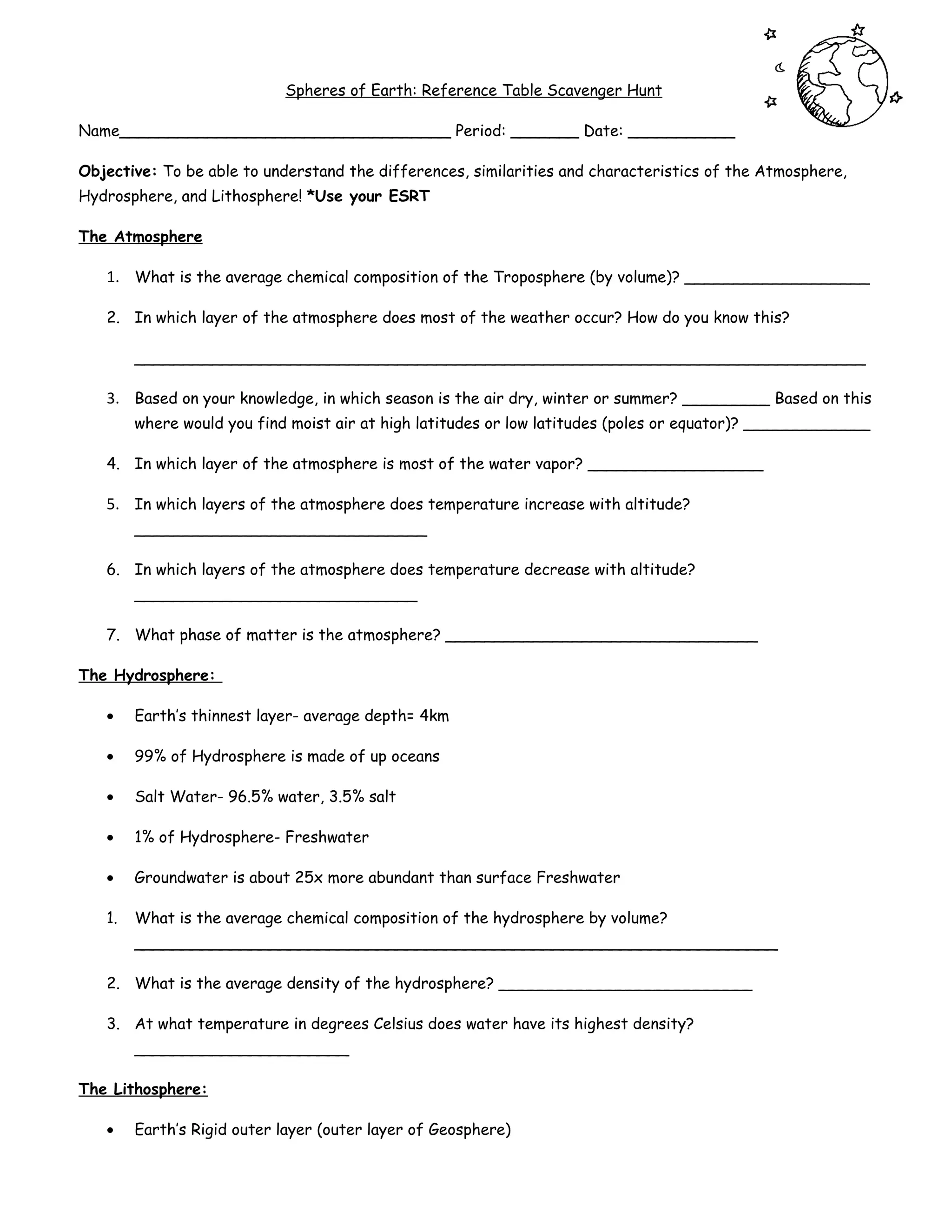Spheres of earth esrt scavenger hunt | DOC | Geography | Science
