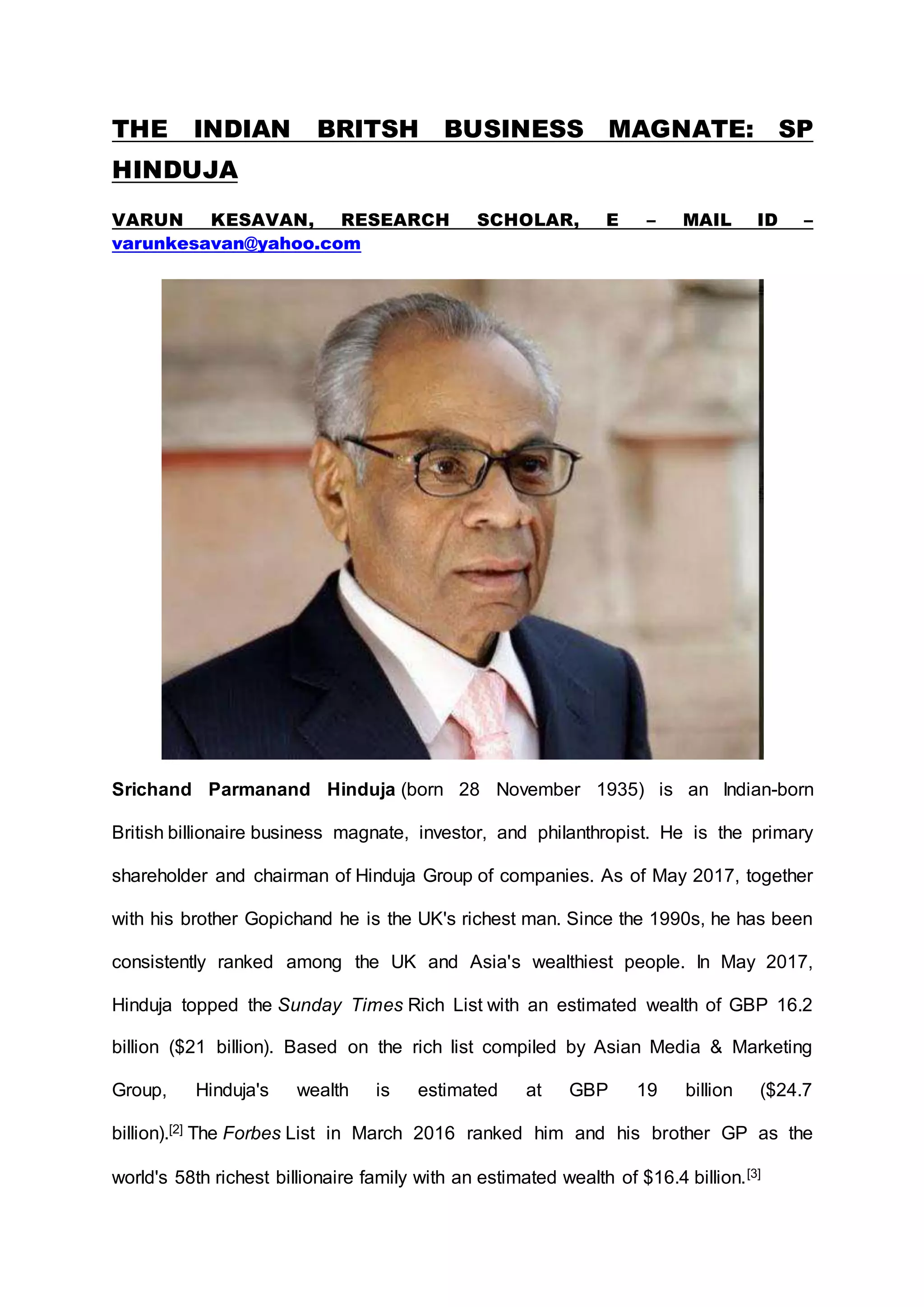 THE INDIAN BRITSH BUSINESS MAGNATE: SP HINDUJA | DOCX