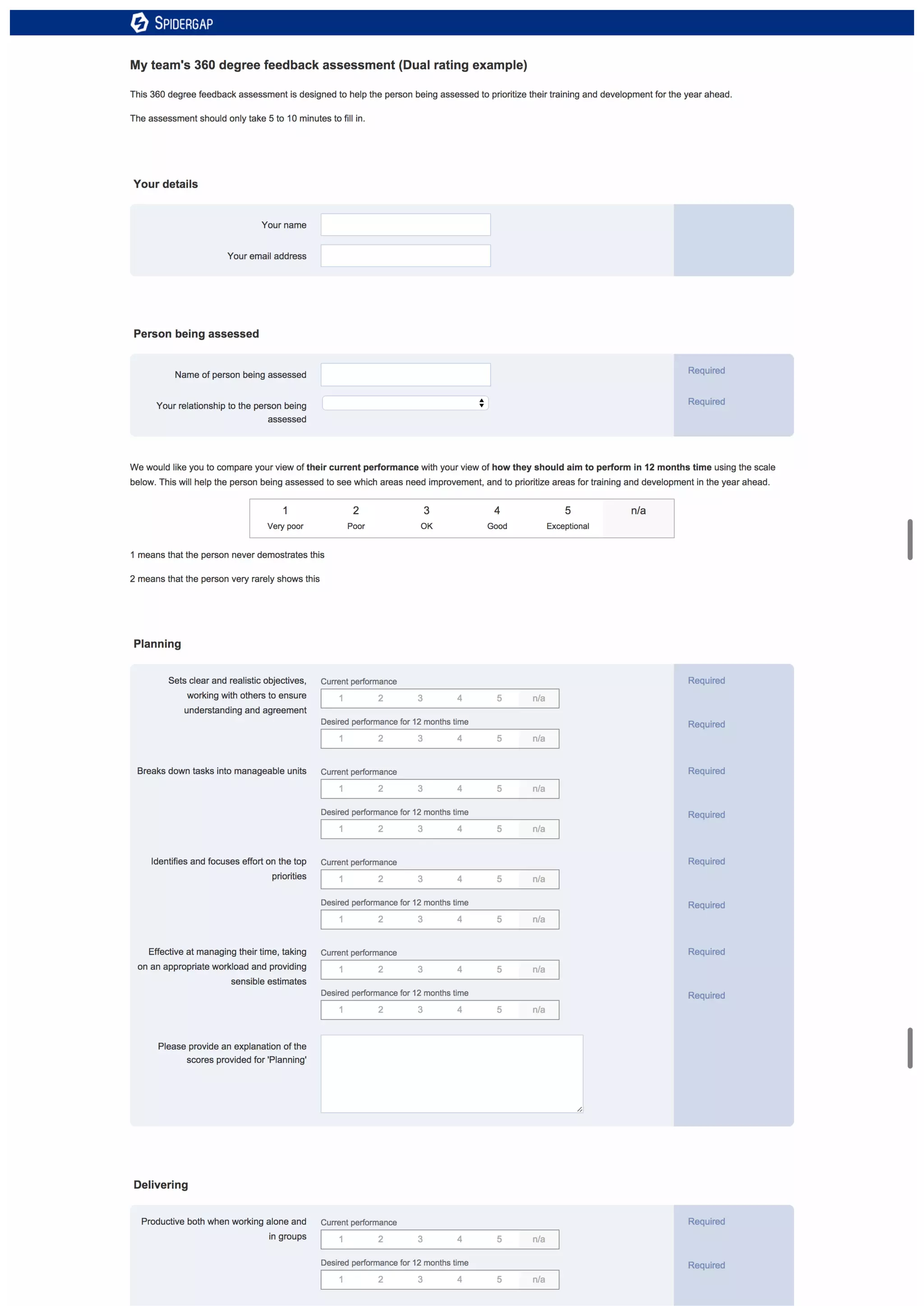 Spidergap - Our 360 feedback questionnaire standard template | PDF