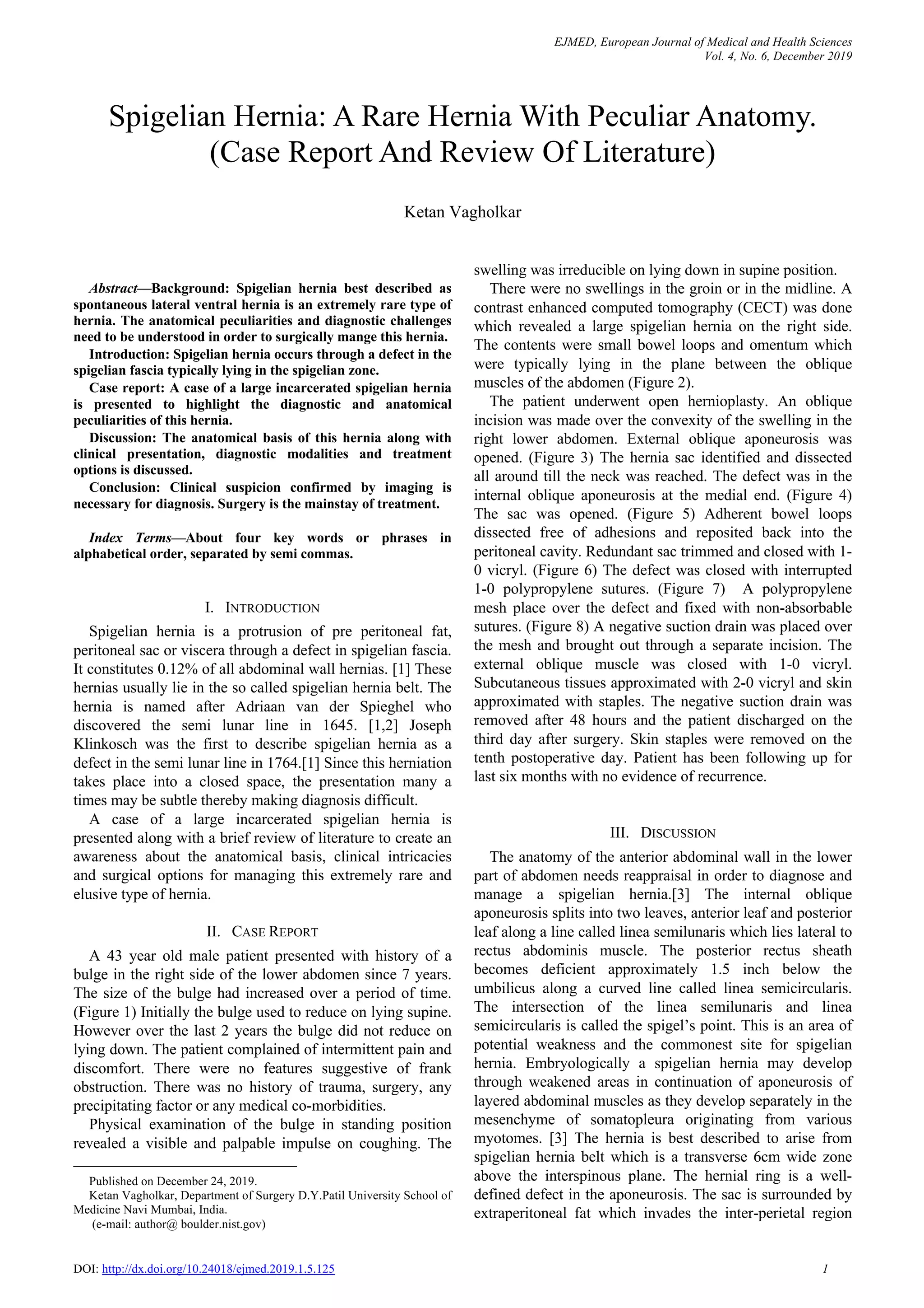 Spigelian Hernia: A Rare Hernia With Peculiar Anatomy. (Case Report And ...