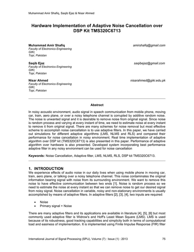 Hardware Implementation of Adaptive Noise Cancellation over DSP Kit ...