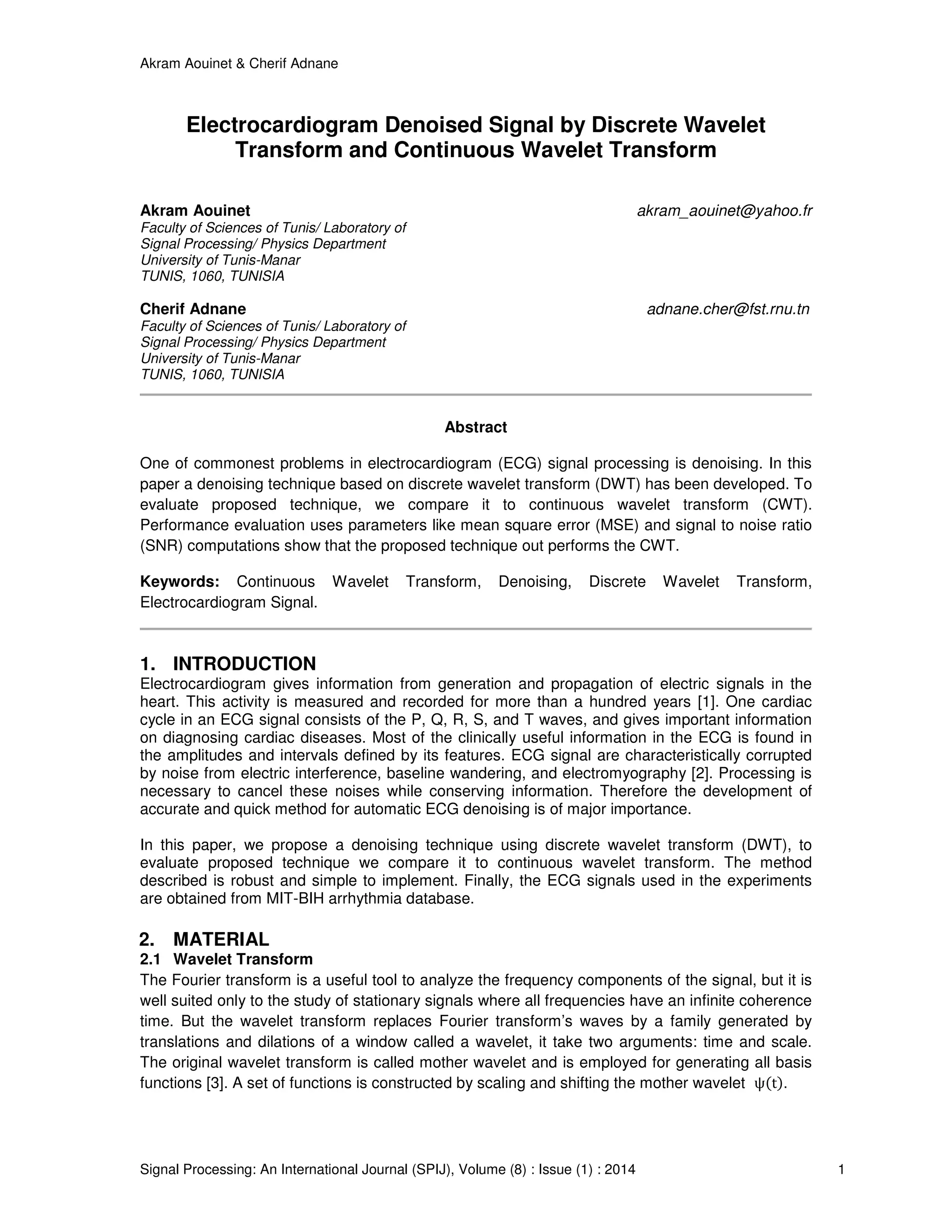 Electrocardiogram Denoised Signal By Discrete Wavelet Transform And Continuous Wavelet Transform