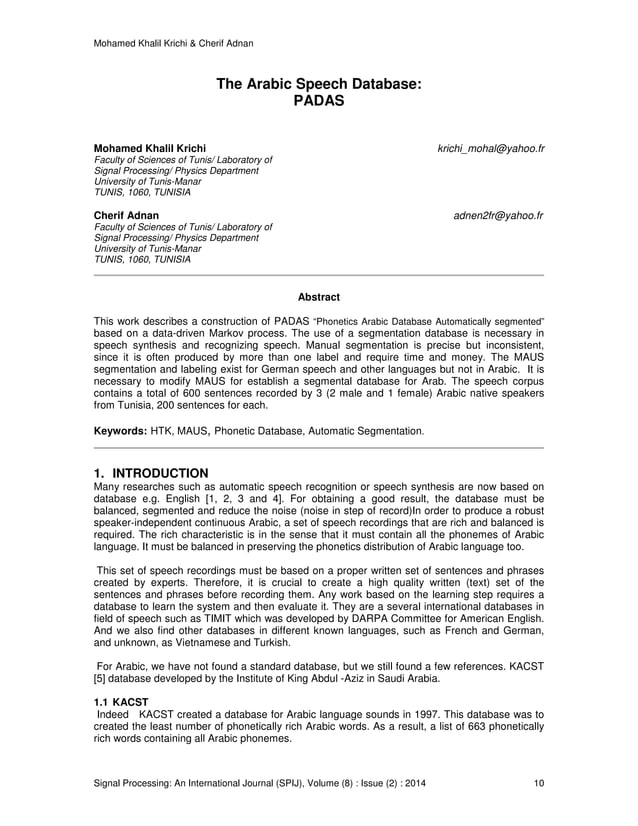 The Arabic Speech Database: PADAS | PDF
