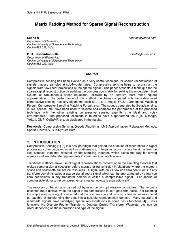 Matrix Padding Method for Sparse Signal Reconstruction | PDF