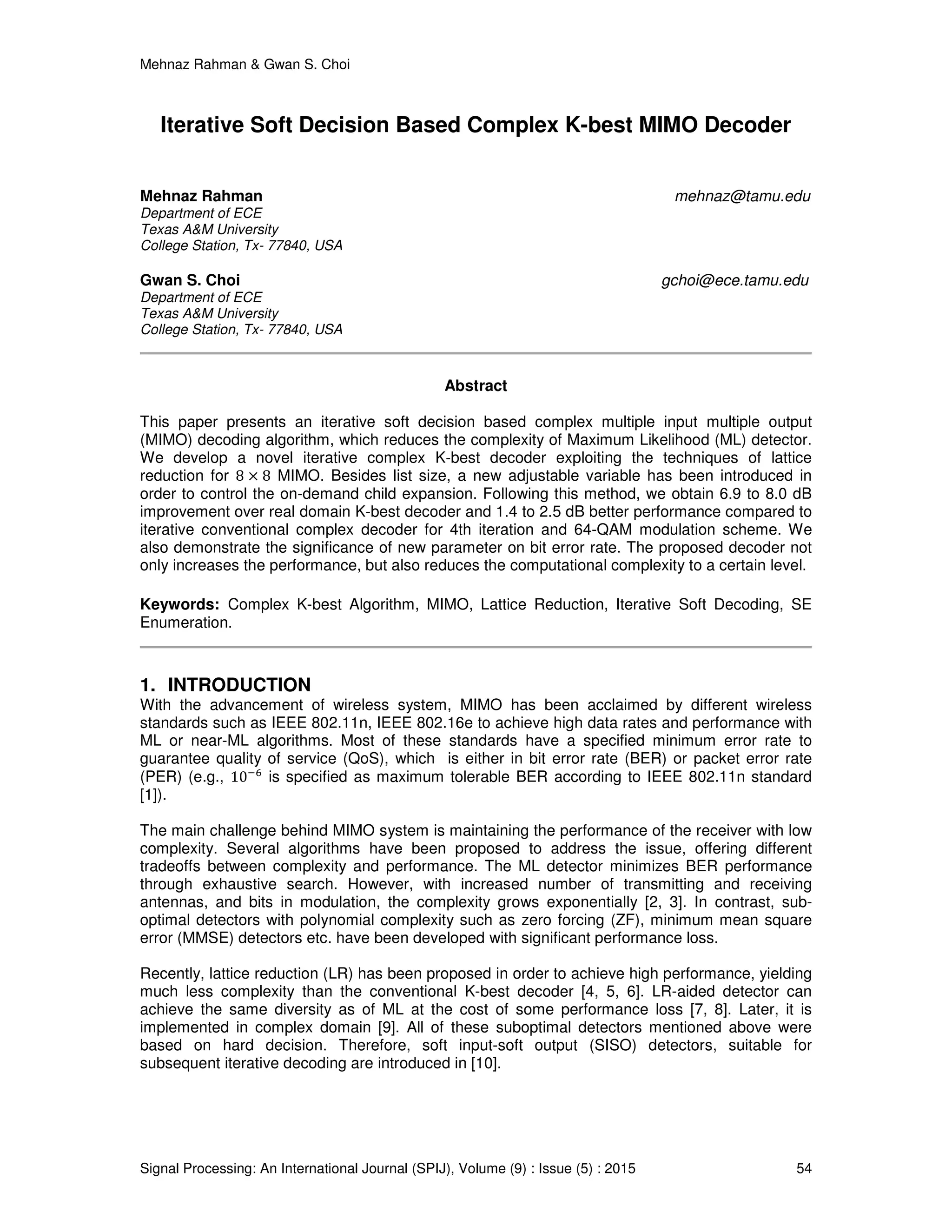 Iterative Soft Decision Based Complex K-best MIMO Decoder | PDF