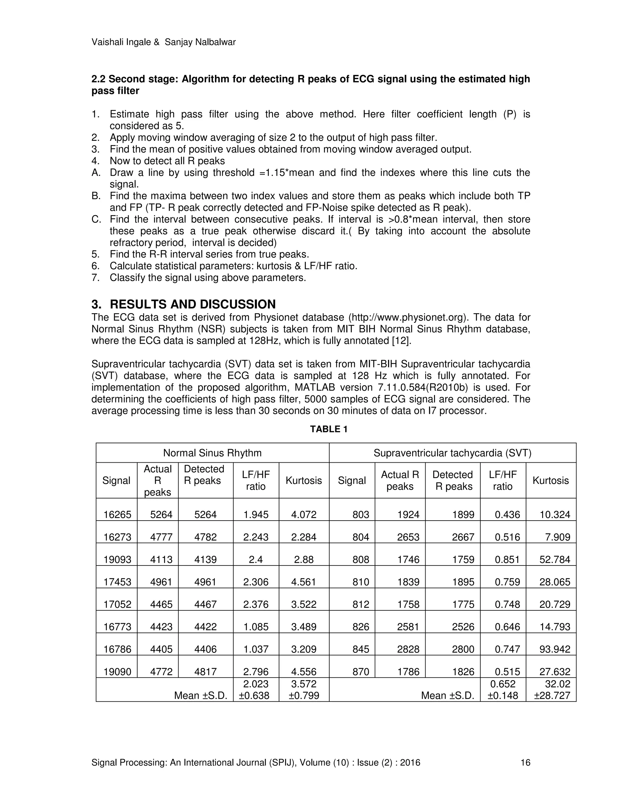 ECG Classification using Dynamic High Pass Filtering and Statistical Framework (HRV) | PDF