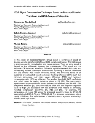 ECG Signal Compression Technique Based on Discrete Wavelet Transform and QRS-Complex Estimation ...