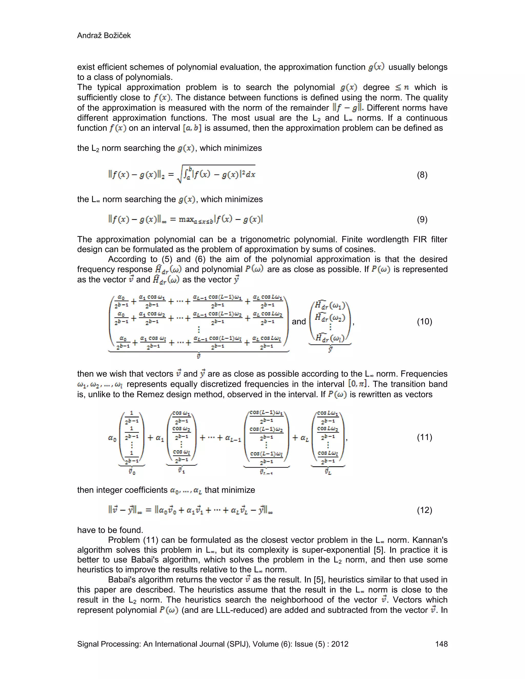 Finite Wordlength Linear-Phase FIR Filter Design Using Babai's Algorithm | PDF