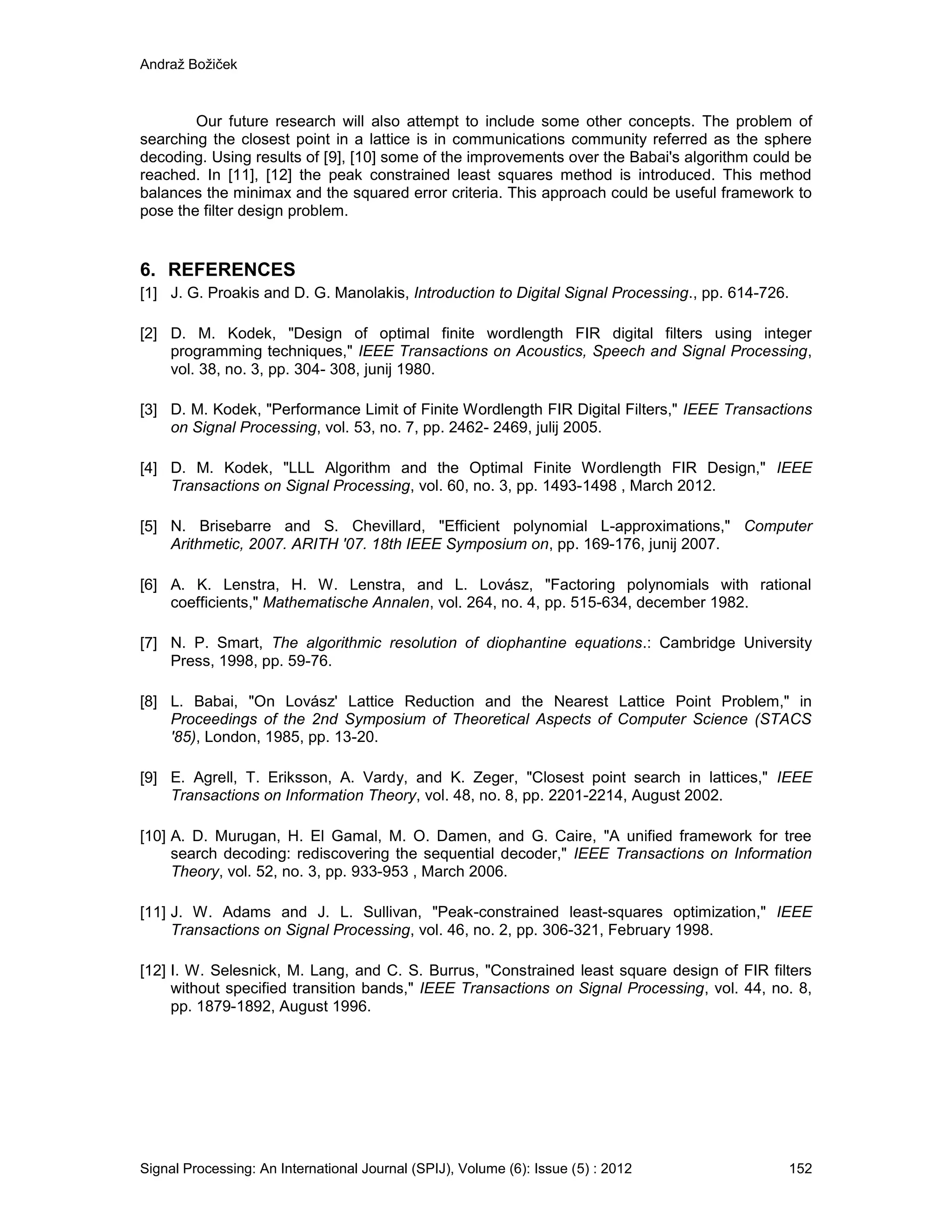 Finite Wordlength Linear-Phase FIR Filter Design Using Babai's Algorithm | PDF