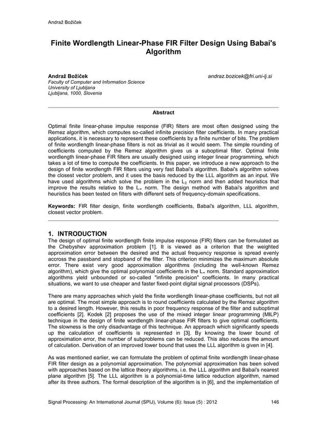 Finite Wordlength Linear-Phase FIR Filter Design Using Babai's Algorithm | PDF