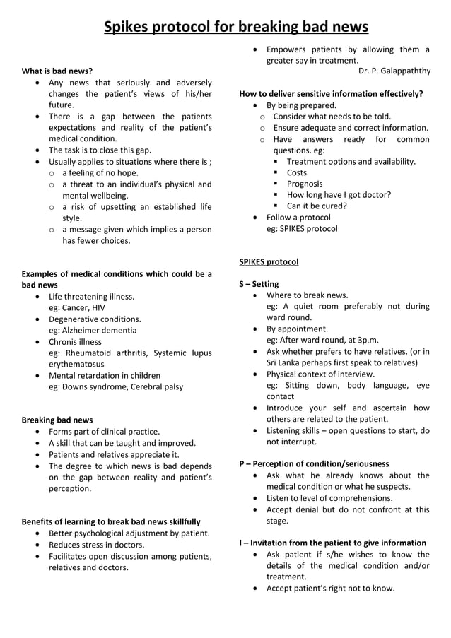 Spikes protocol for breaking bad news | DOC