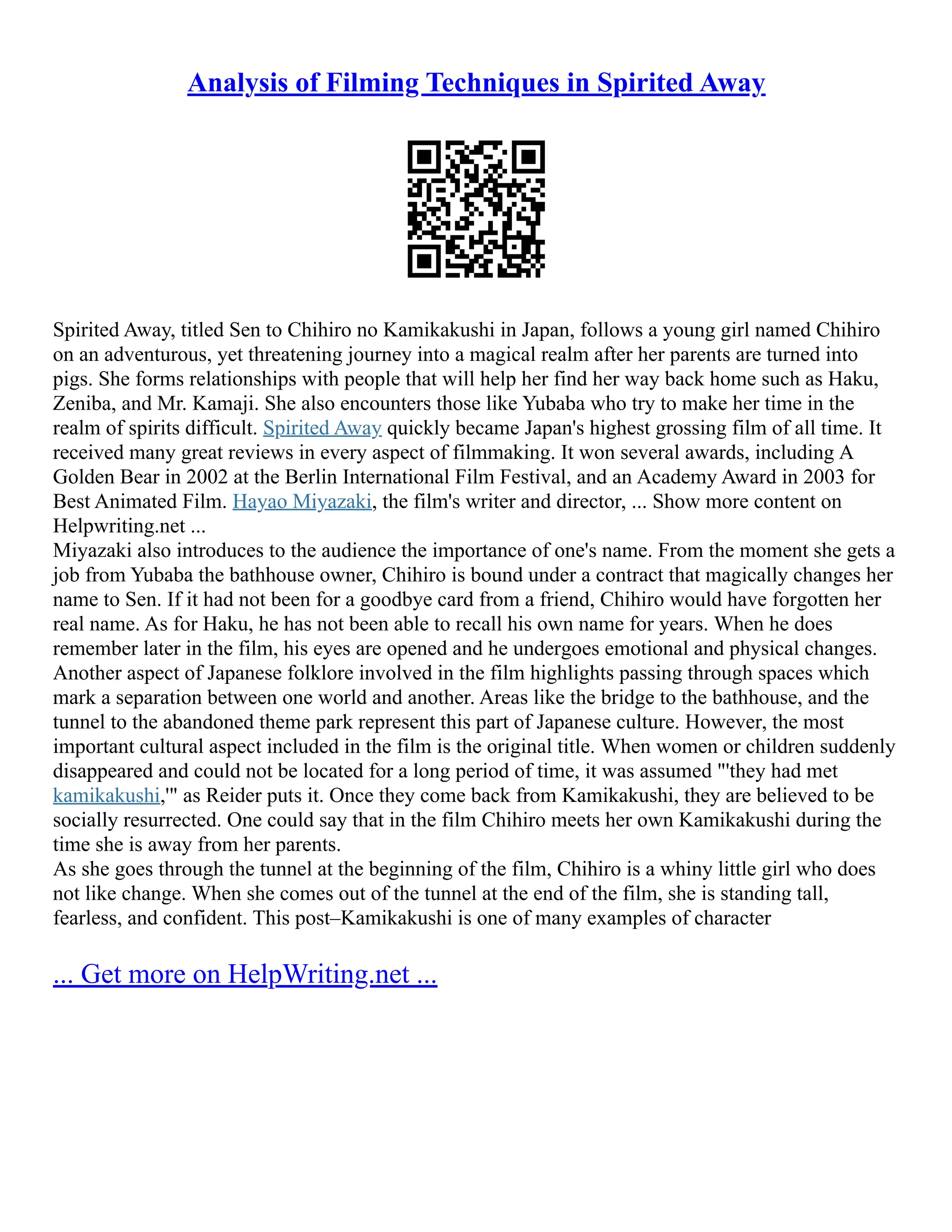 Spirited Away Essay | PDF