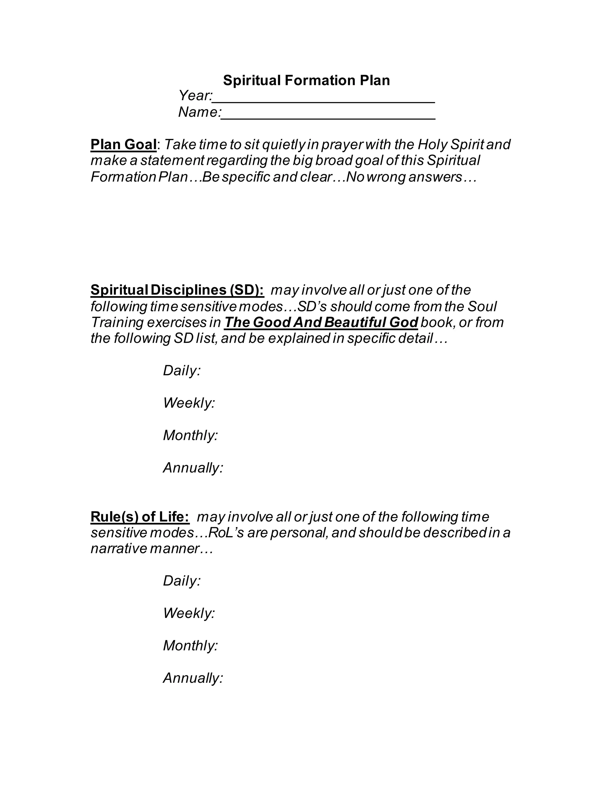 Spiritual Formation Plan Worksheet | DOCX