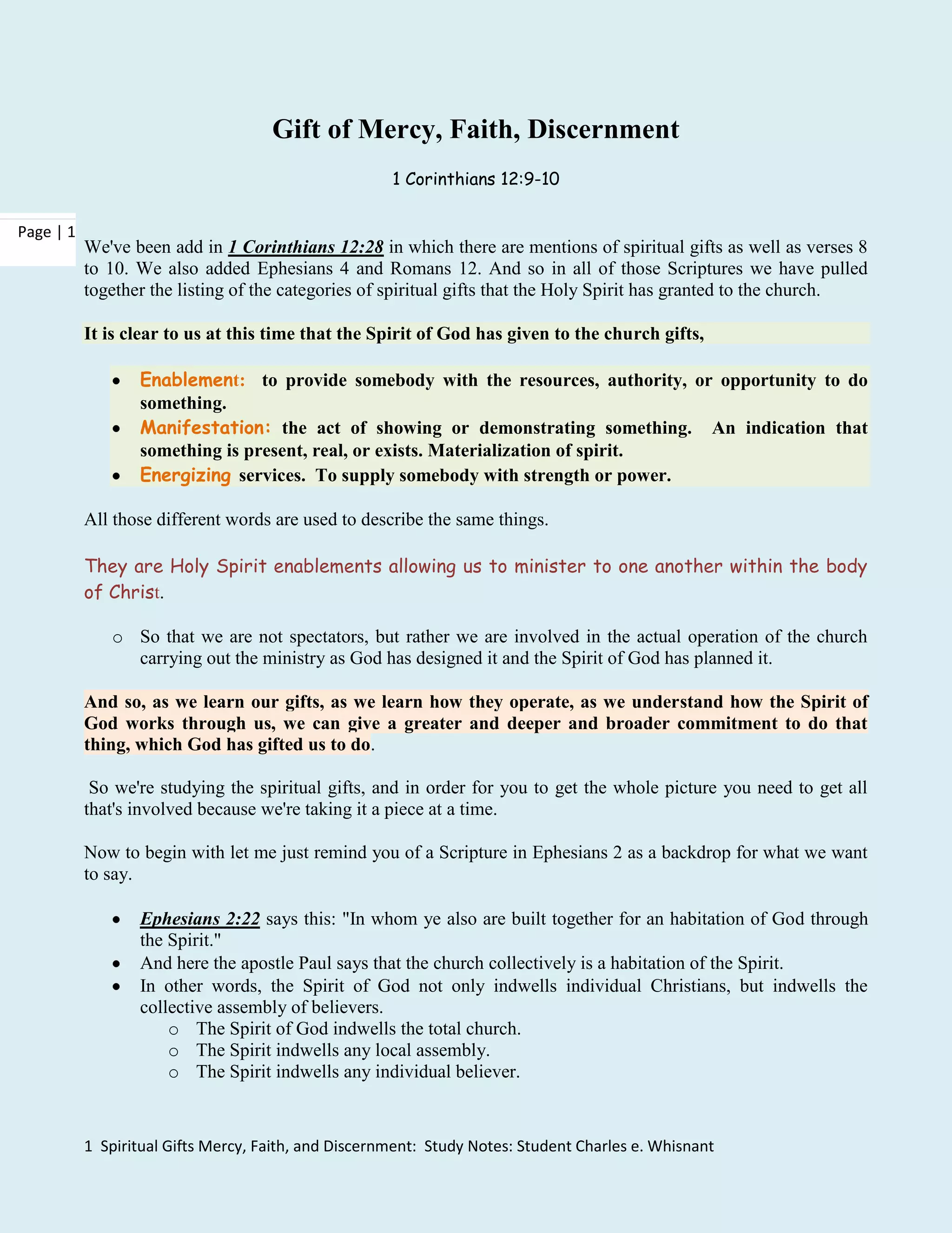 Spiritual gifts mercy, faith, discernment study notes (autosaved) | DOCX