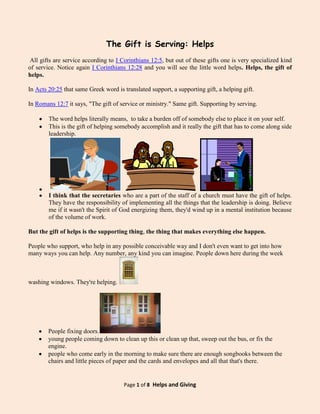 Spiritual gifts the service gifts of helps and giving study notes | PDF
