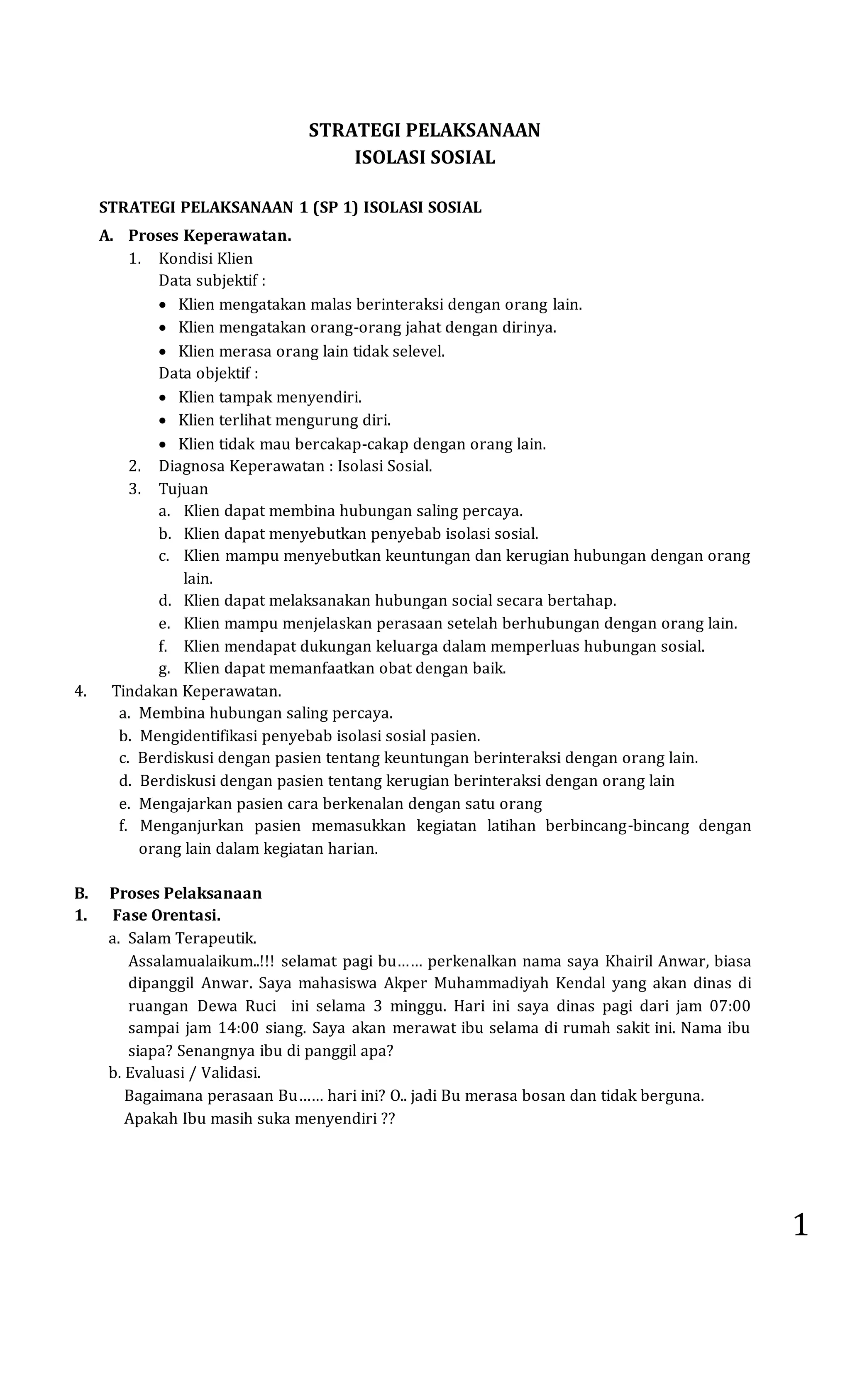 Strategi Pelaksanaan Jiwa - Isolasi Sosial | DOCX