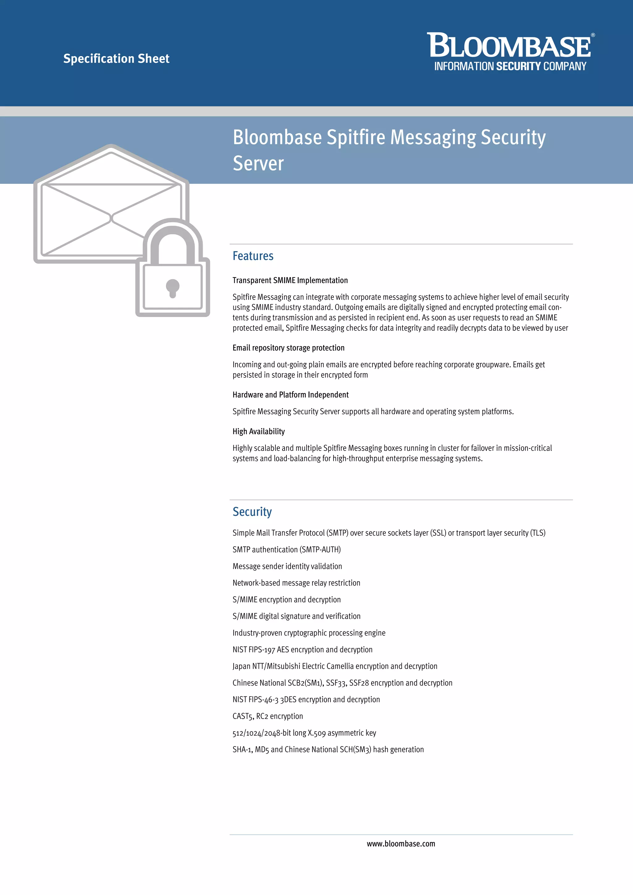 Bloombase Spitfire Messaging Security Server Specifications | PDF