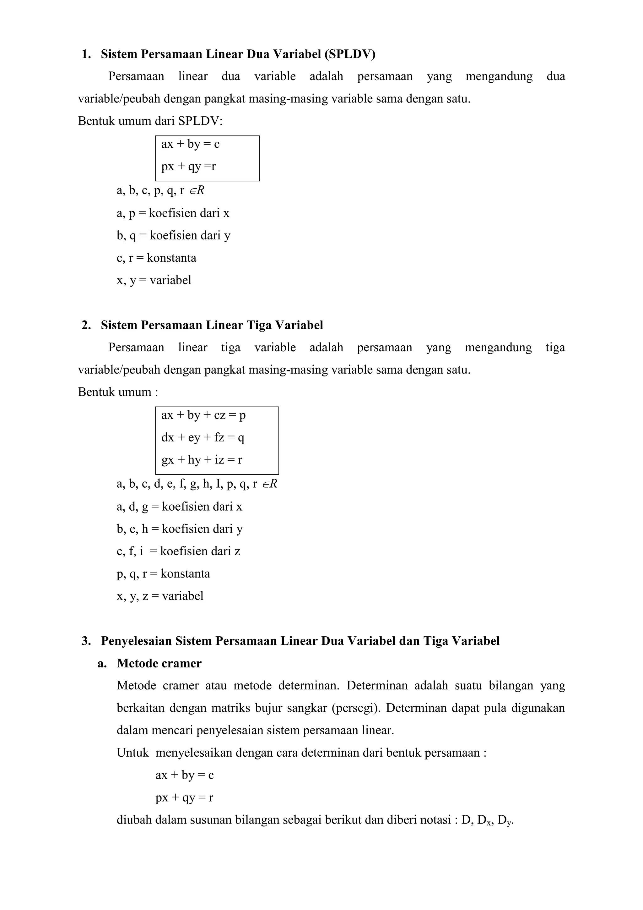 Penyelesaian Sistem Persamaan Linear Dua Variabel dan Tiga Variabelo | DOCX
