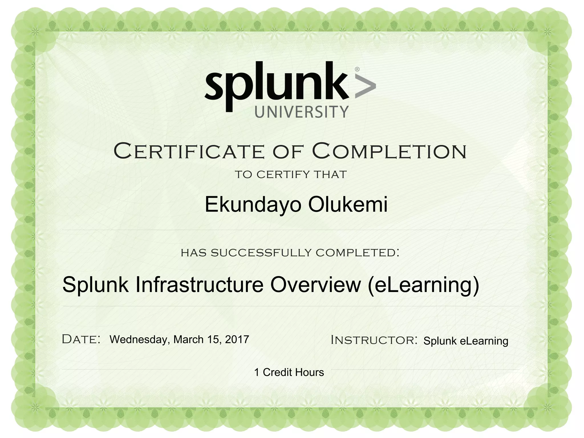 Ekundayo Olukemi Splunk infrastructure overview (e learning) certificate | PPT
