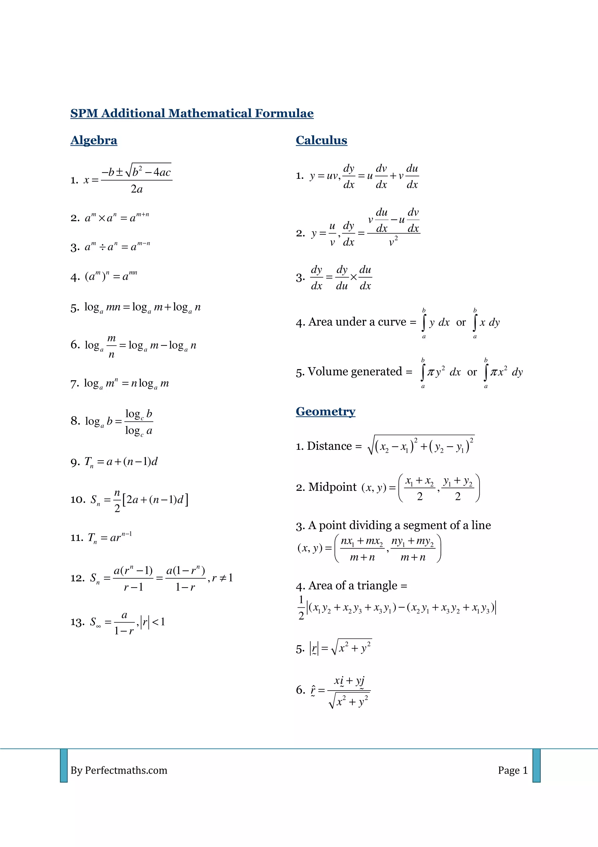 Spm additional-mathematical-formulae-pdf | PDF
