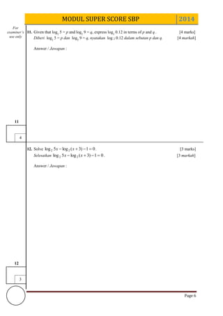 Spm 2014 add math modul sbp super score [lemah] k1 set 2 dan skema | PDF