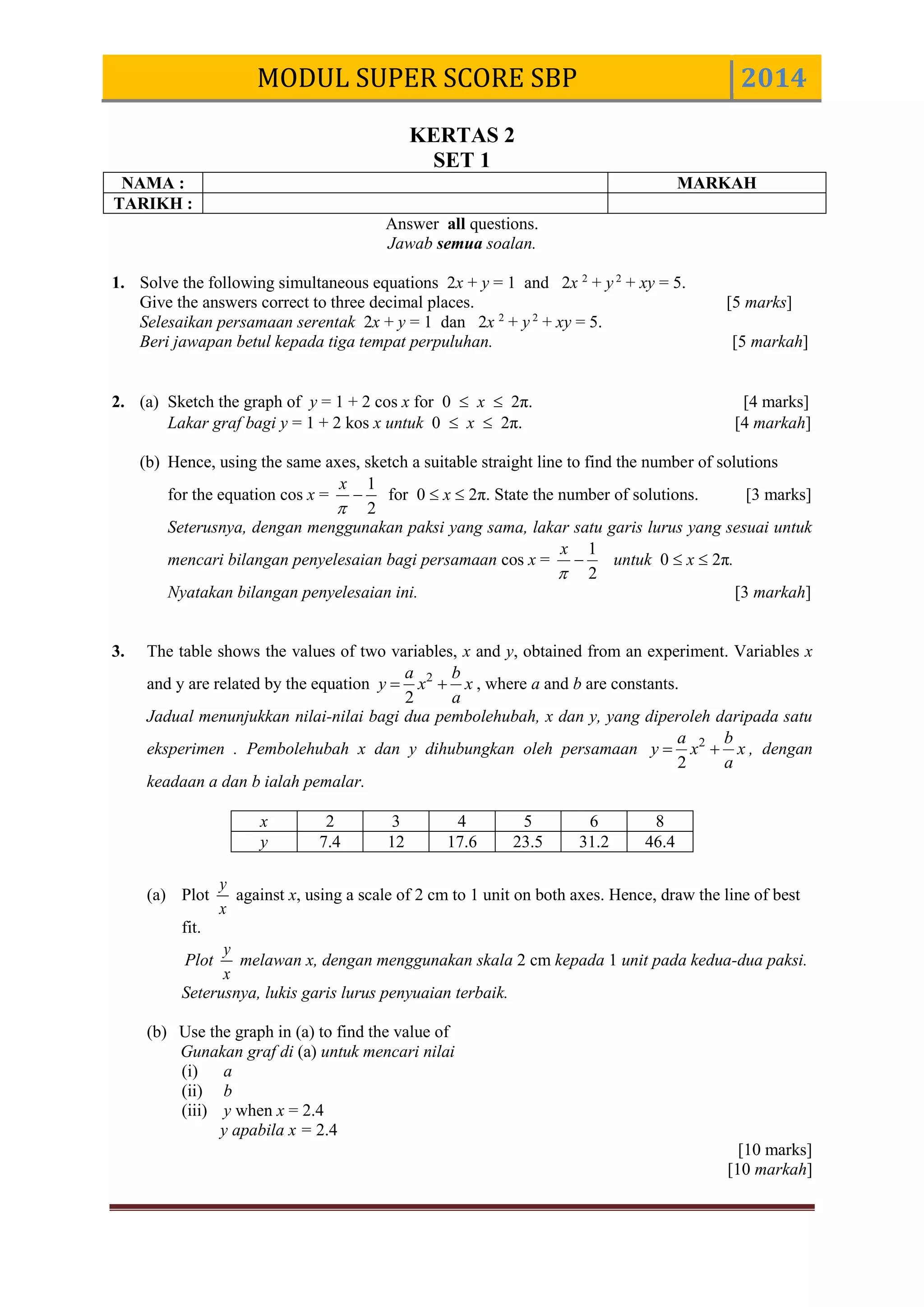 Spm 2014 add math modul sbp super score [lemah] k2 set 1 dan skema | PDF