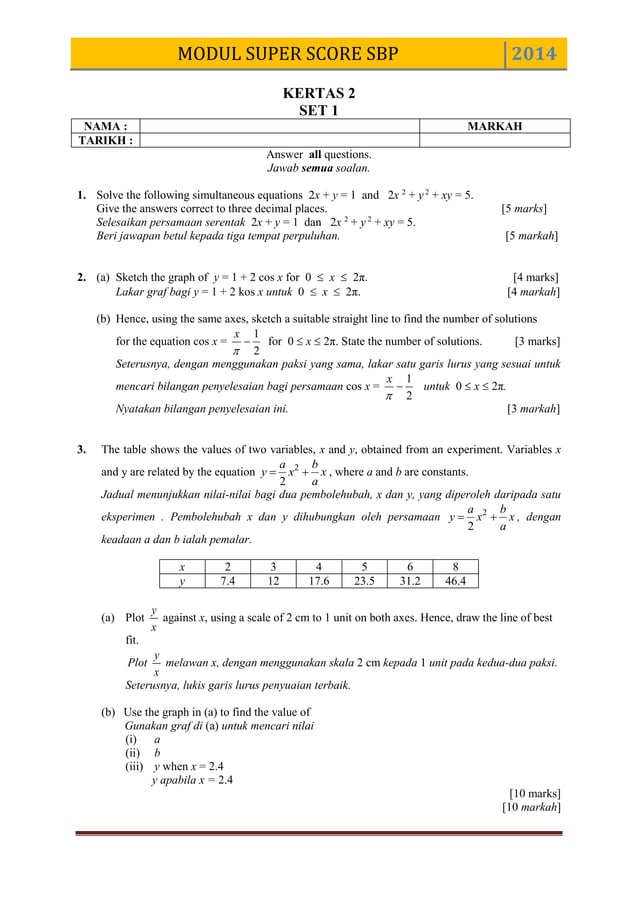 Spm 2014 add math modul sbp super score [lemah] k2 set 1 dan skema | PDF