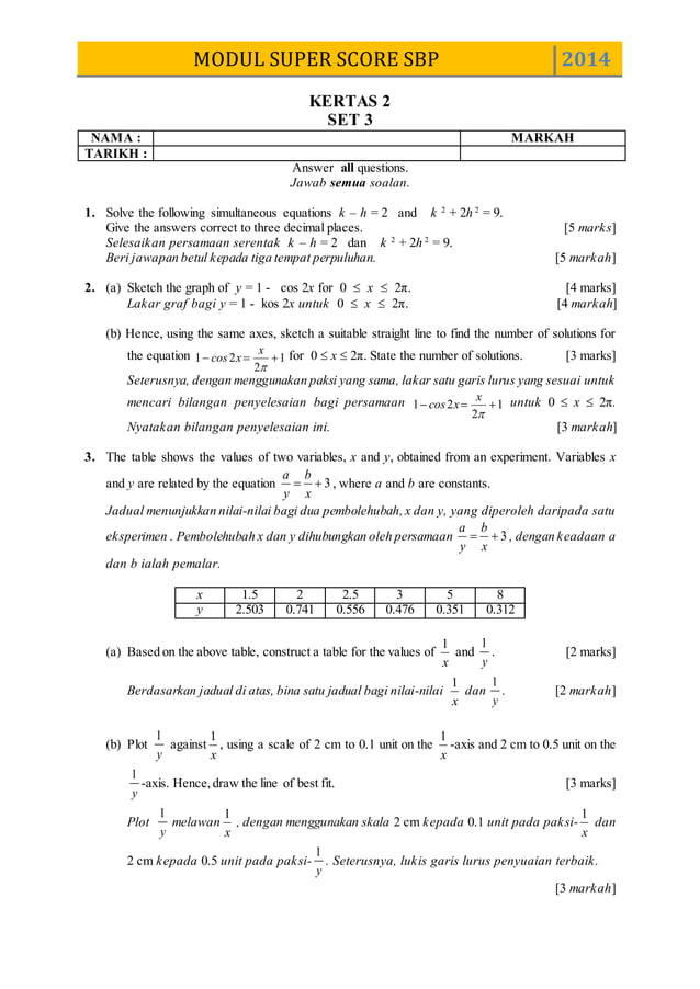 Spm 2014 add math modul sbp super score [lemah] k2 set 3 dan skema | DOCX