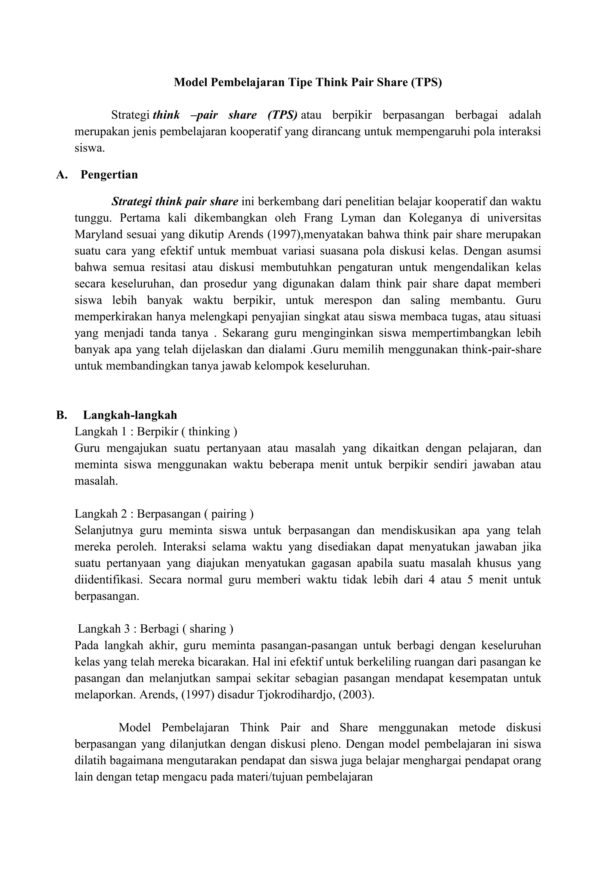 Strategi Pembelajaran Matematika #Think_Pair_Share pada Operasi Aljabar | DOCX