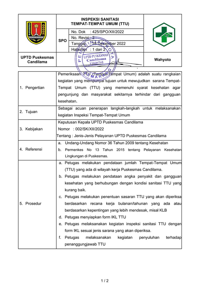 SPO INSPEKSI KESLING (TTU) TEMPAT TEMPAT UMUM | PDF