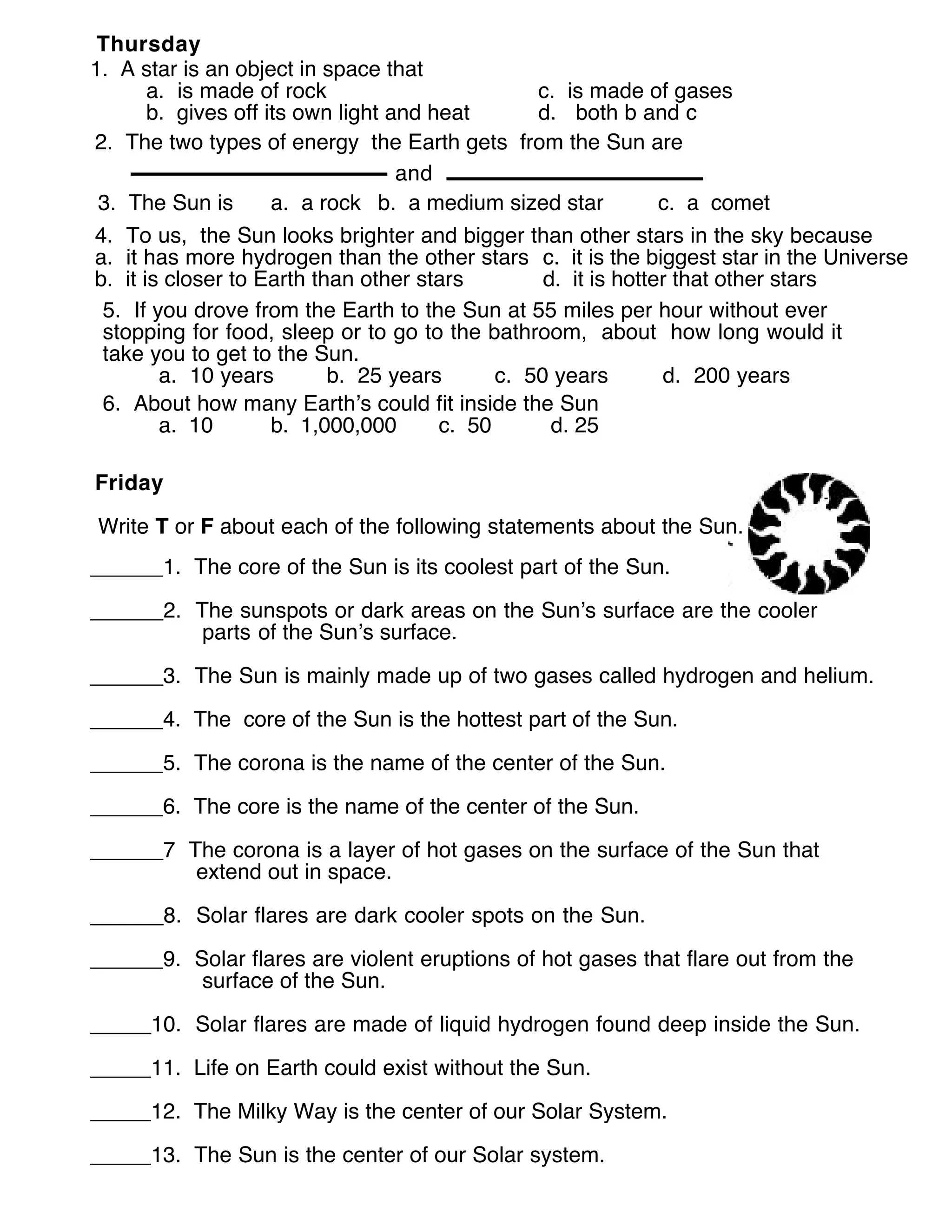 About the sun (worksheet) | PDF