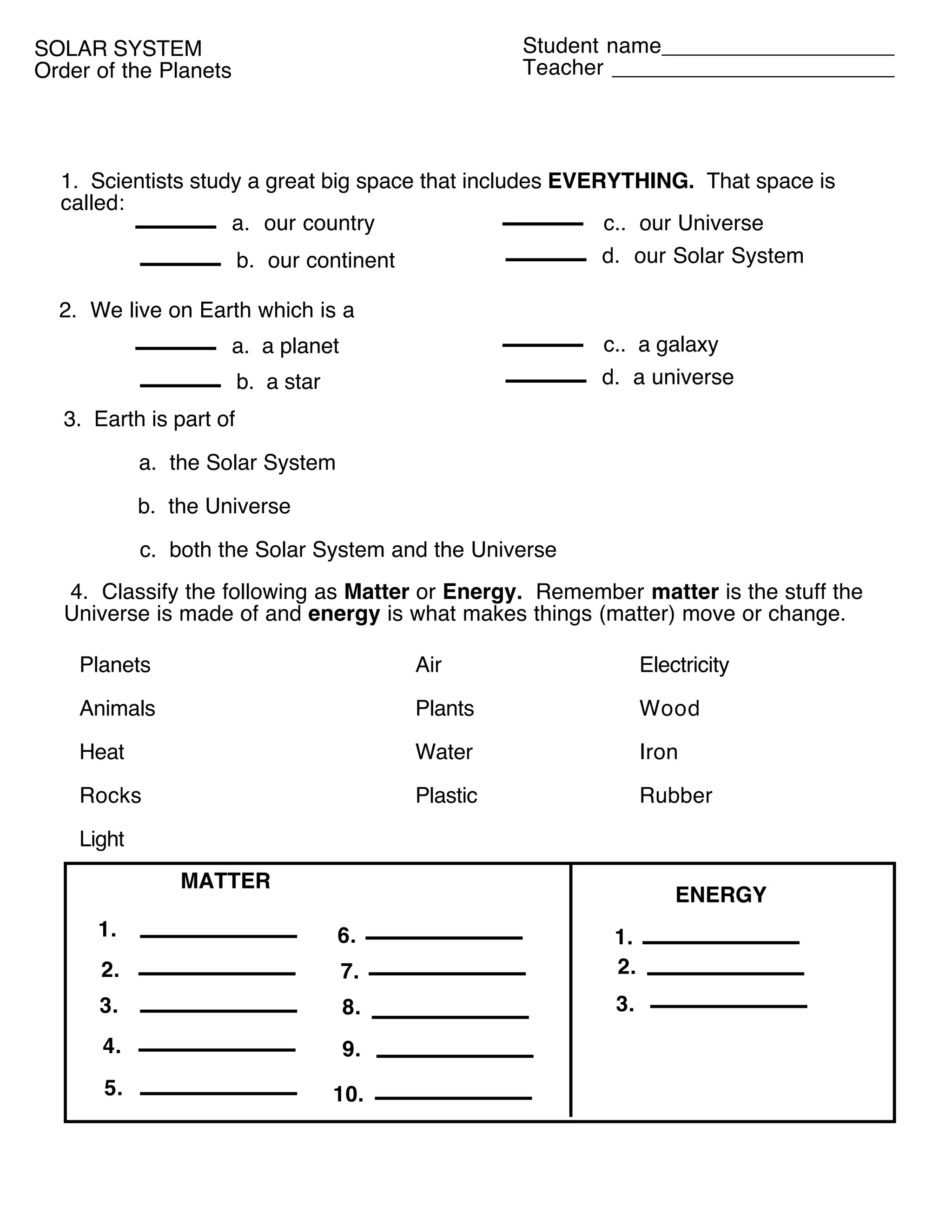 Order of the planets (worksheet) | PDF