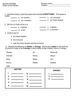 Order of the planets (worksheet) | PDF