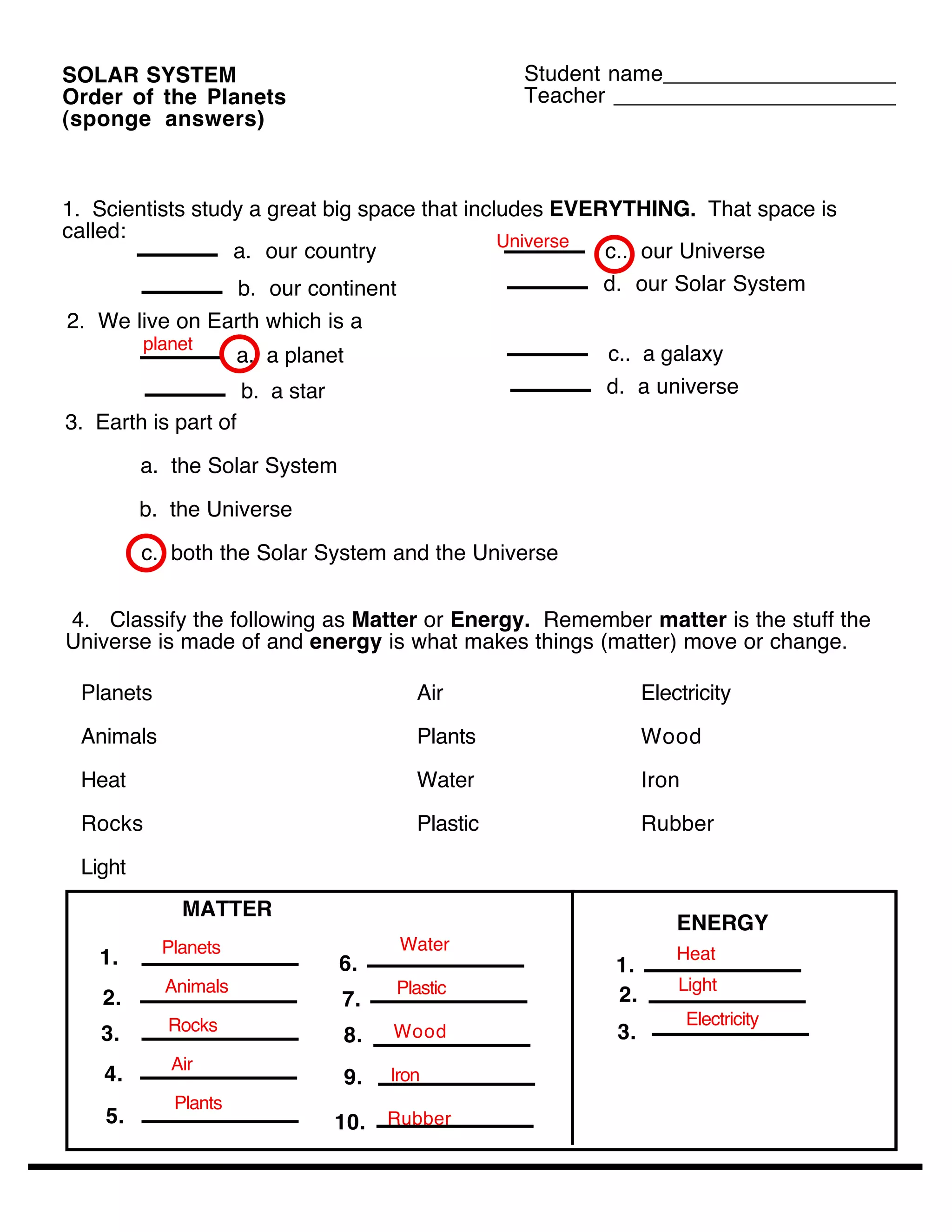 Order of Planets (Worksheet answers ) | PDF