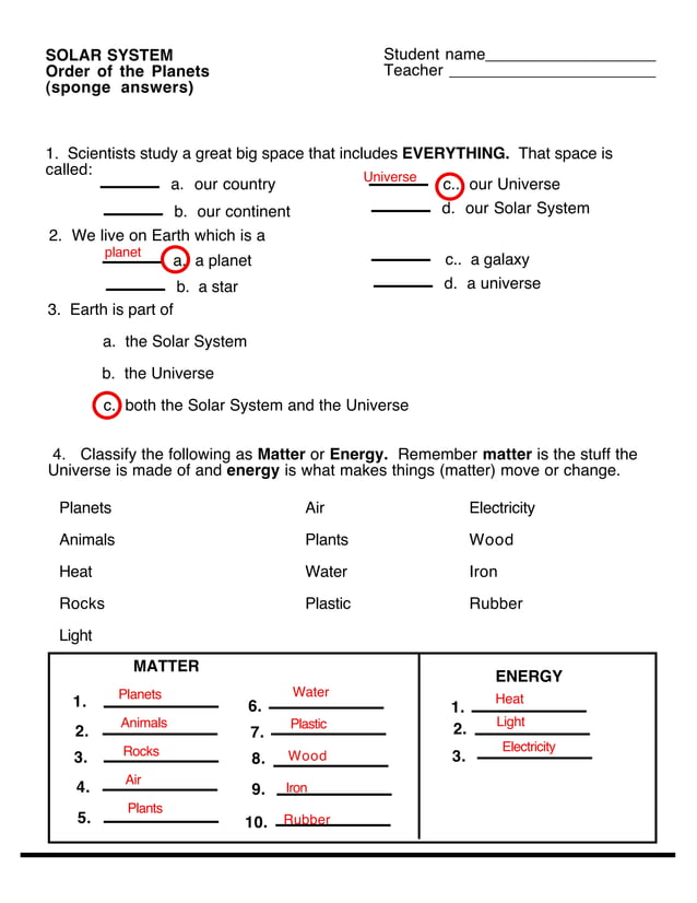 Order of Planets (Worksheet answers ) | PDF