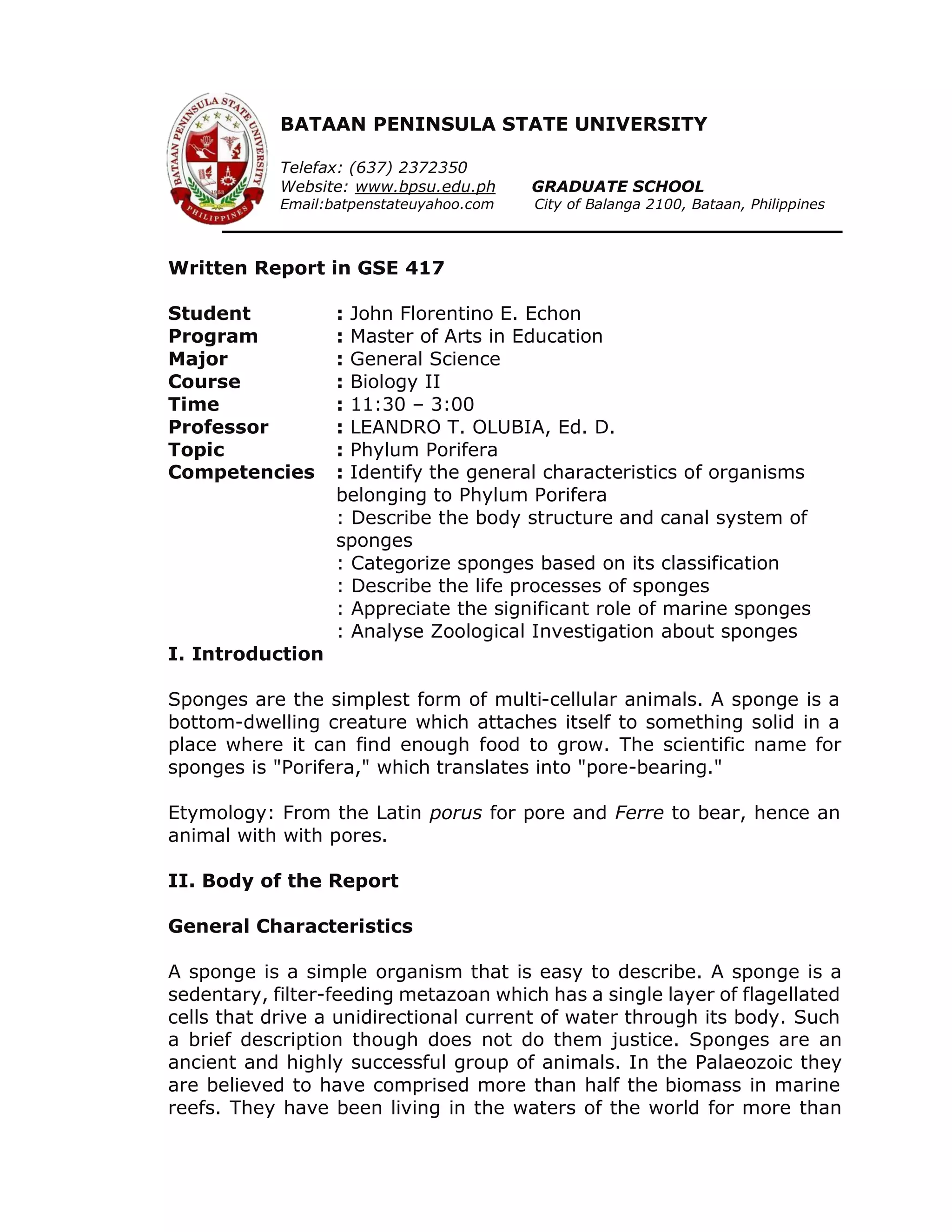 Phylum Porifera: The Pore Bearing Animals | PDF