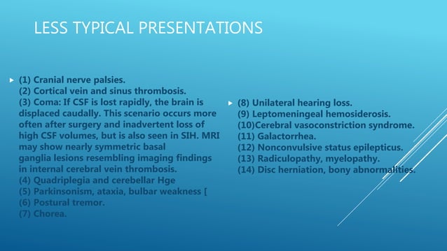 Spontaneous intracranial hypotension (sih) | PPTX | Brain and Nervous System Disorders ...