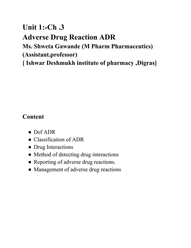 ADVERSE DRUG REACTION, Reporting and management of ADR | PDF