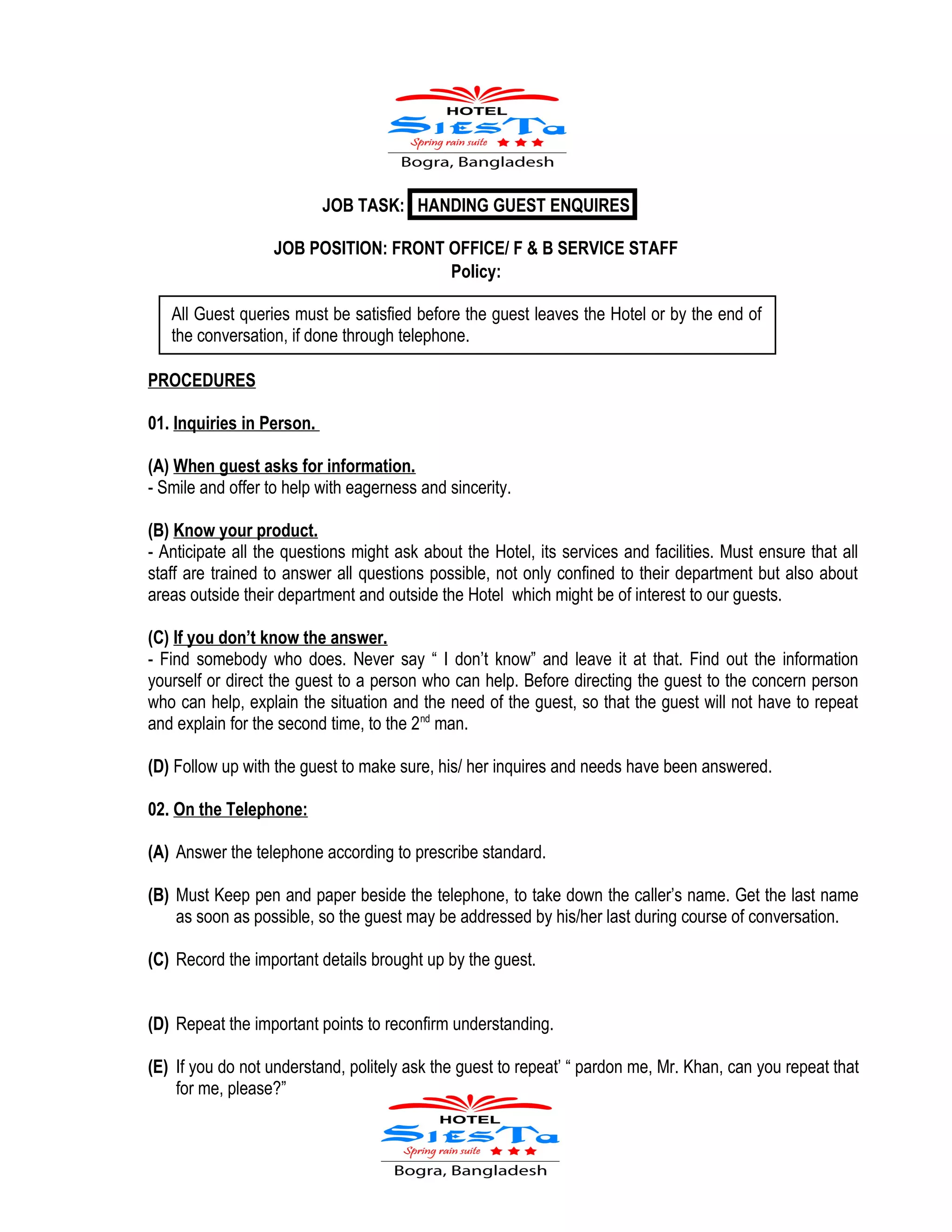 Spo of front office and food and beverage service staff rules on sies ...