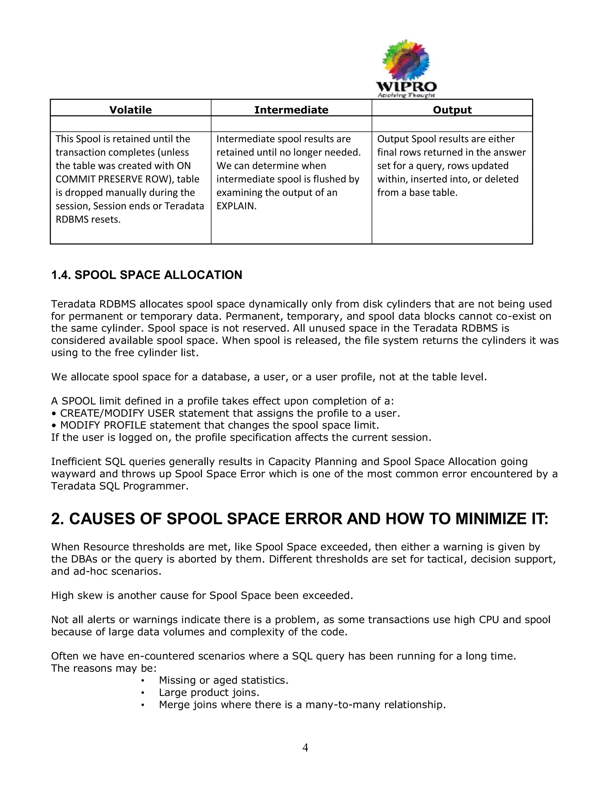 White paper on Spool space in teradata | PDF