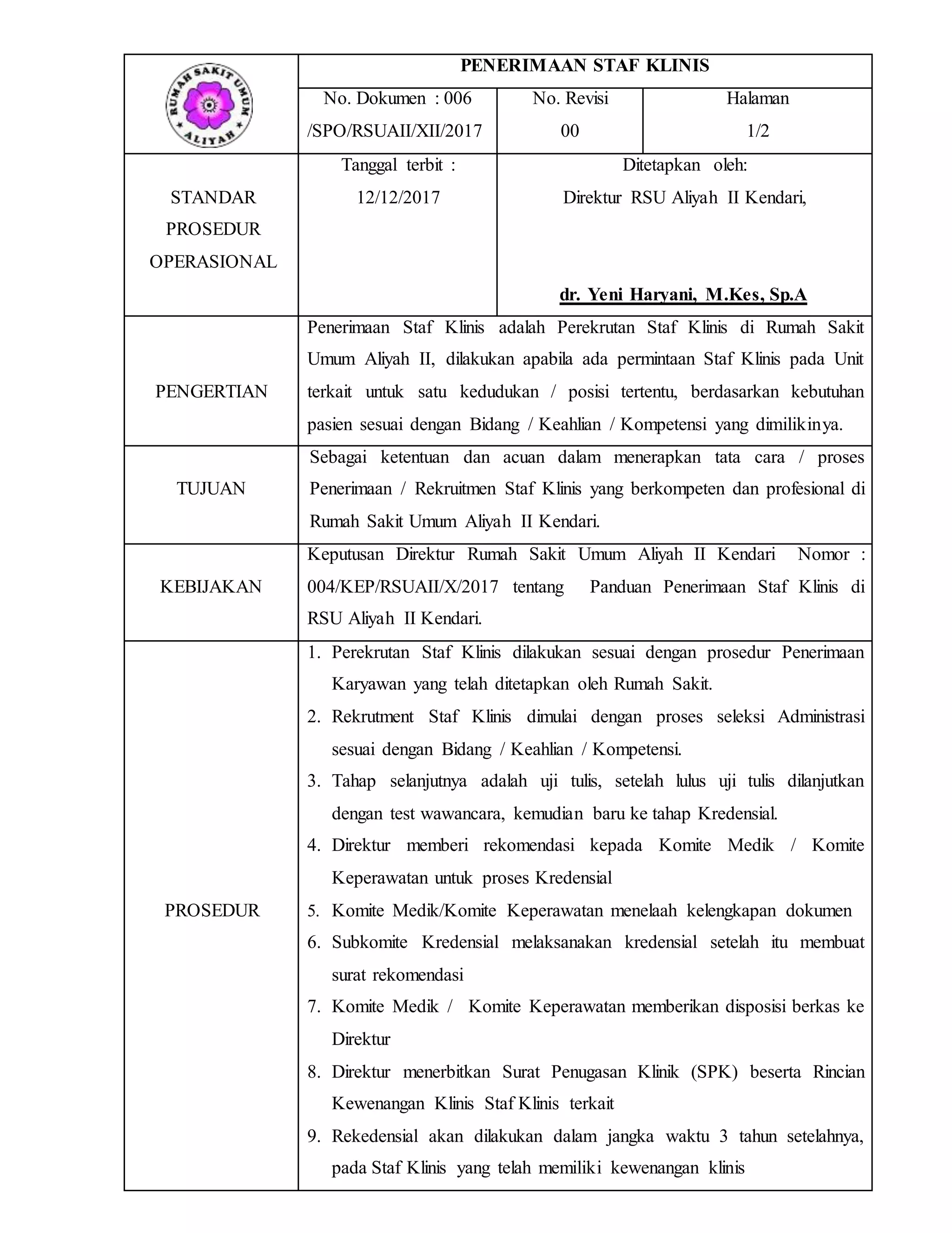 Spo penerimaan staf klinis | DOCX