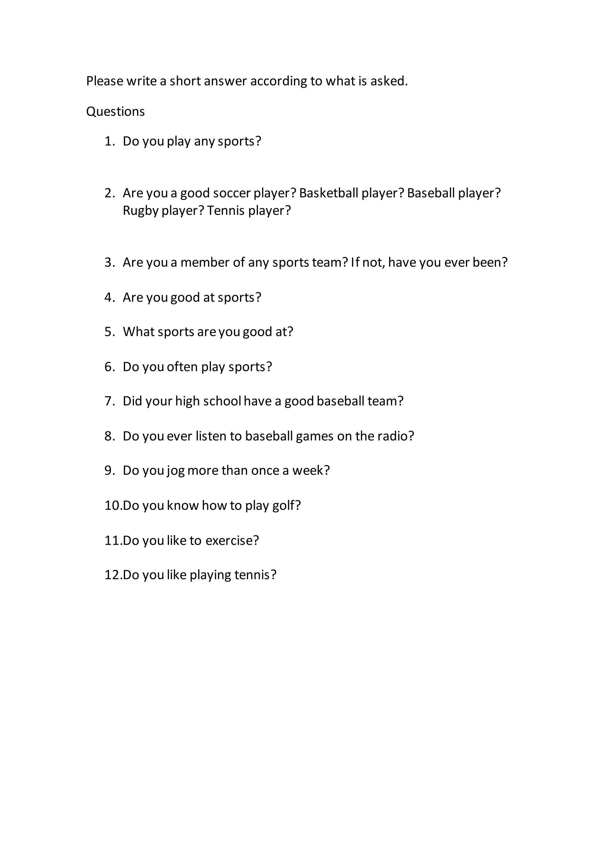 Sports and Leisure Activities Reading Comprehension | DOCX
