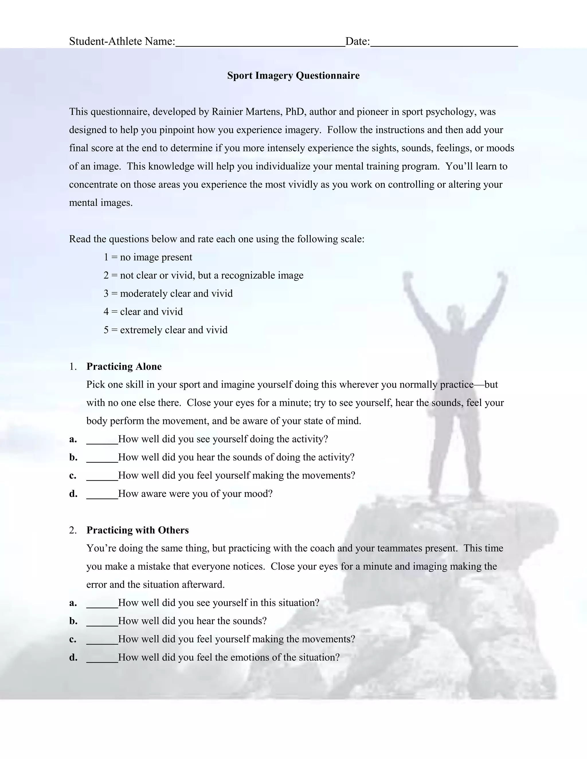 Sports Imagery Questionnaire | DOCX