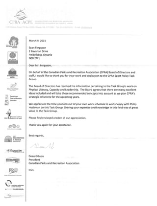 Letter from CPRA for my dedication to the CPRA Sport Policy Task Group ...