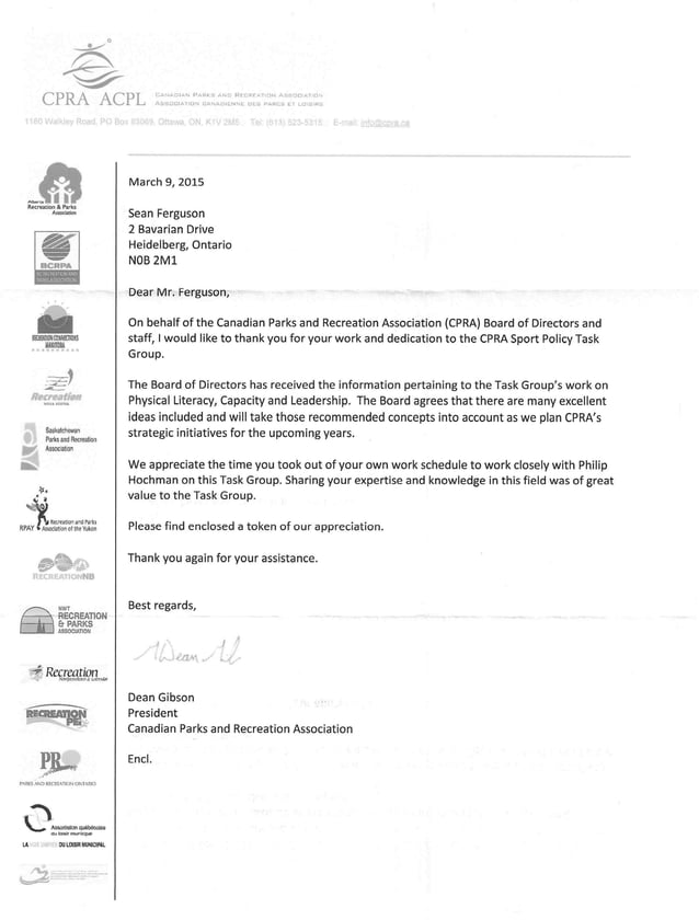 Letter from CPRA for my dedication to the CPRA Sport Policy Task Group ...