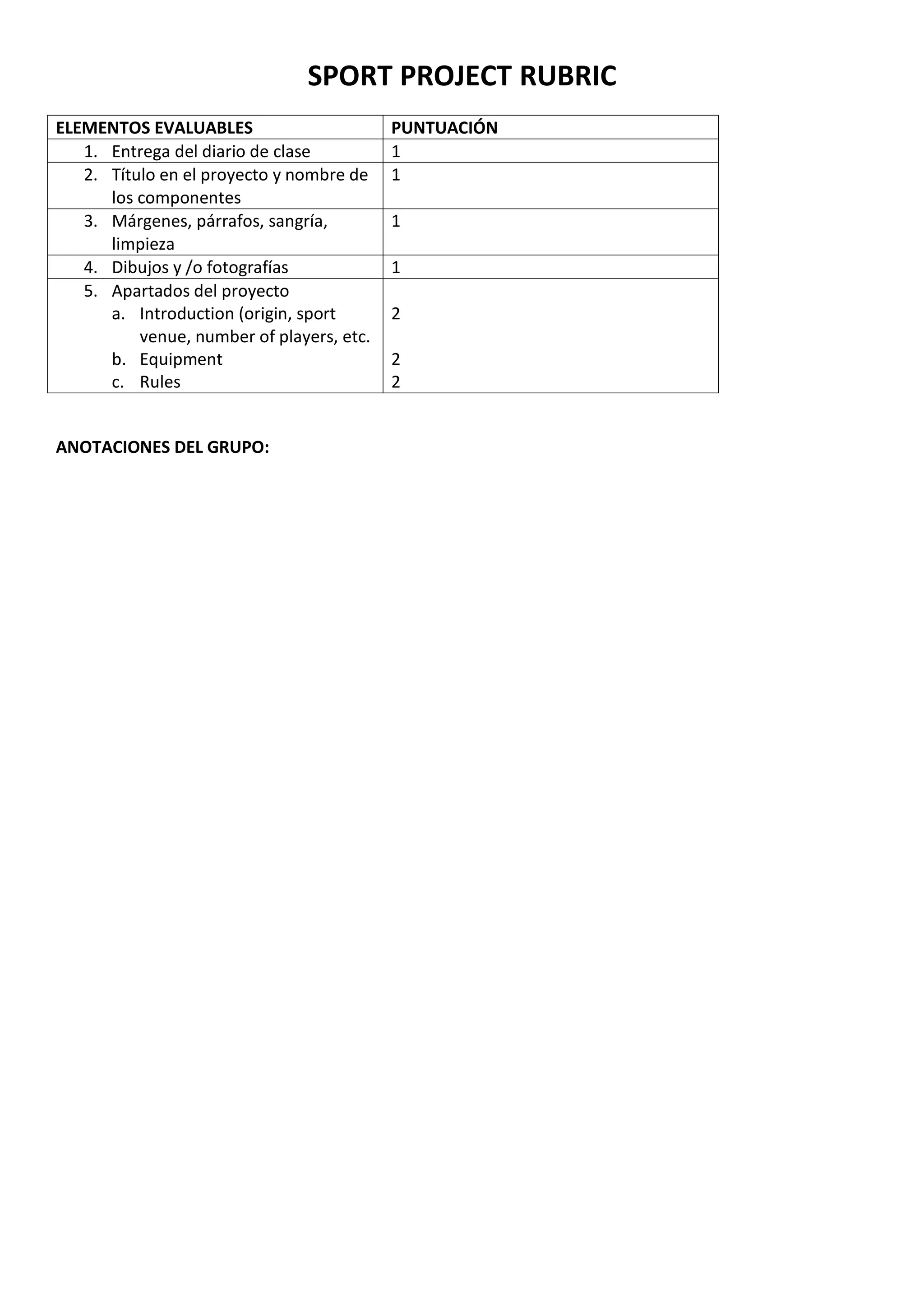 Sport project class diary, rubric and roles | PDF