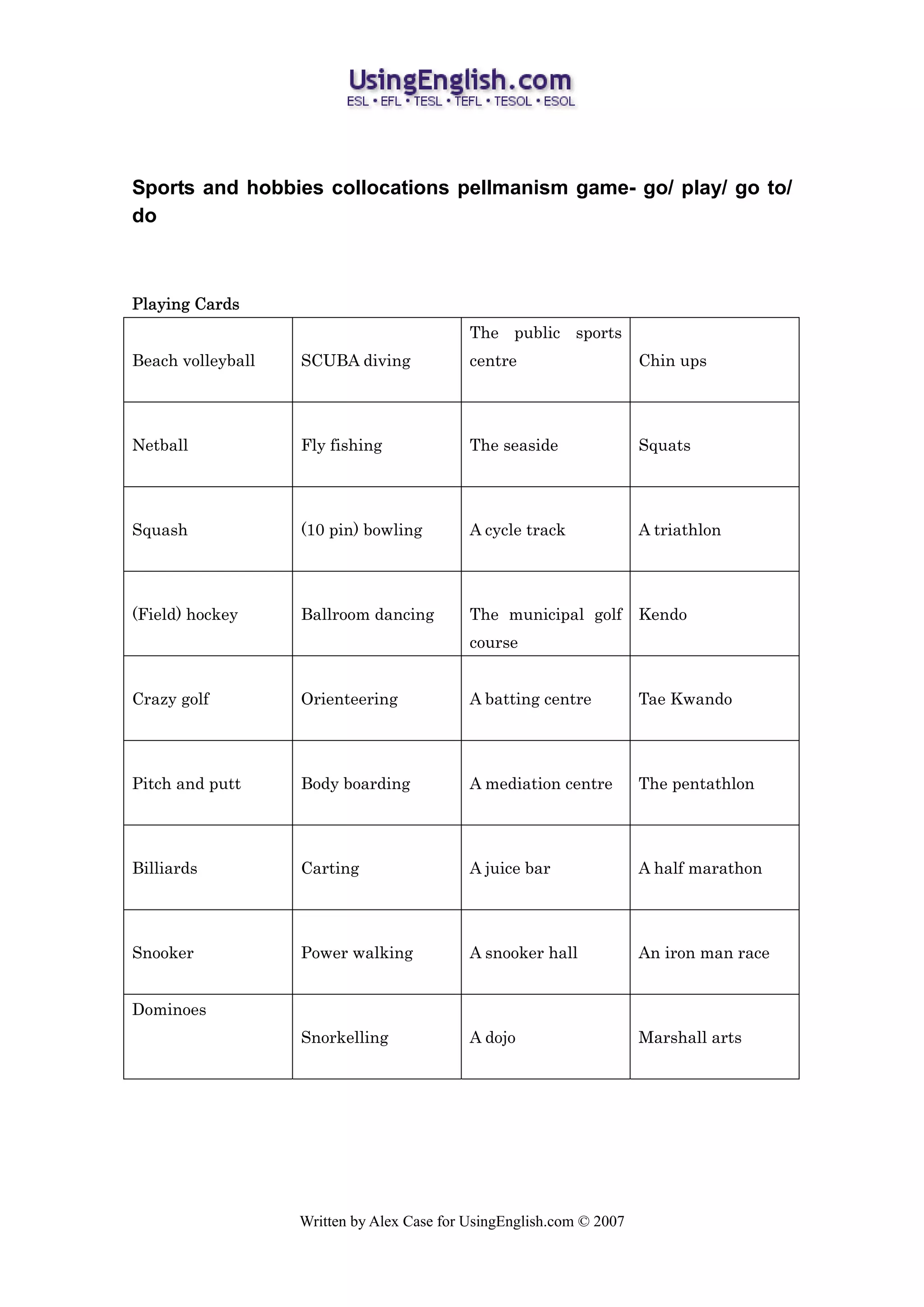 Sports and-hobbies-collocations-pellmanism-game | PDF