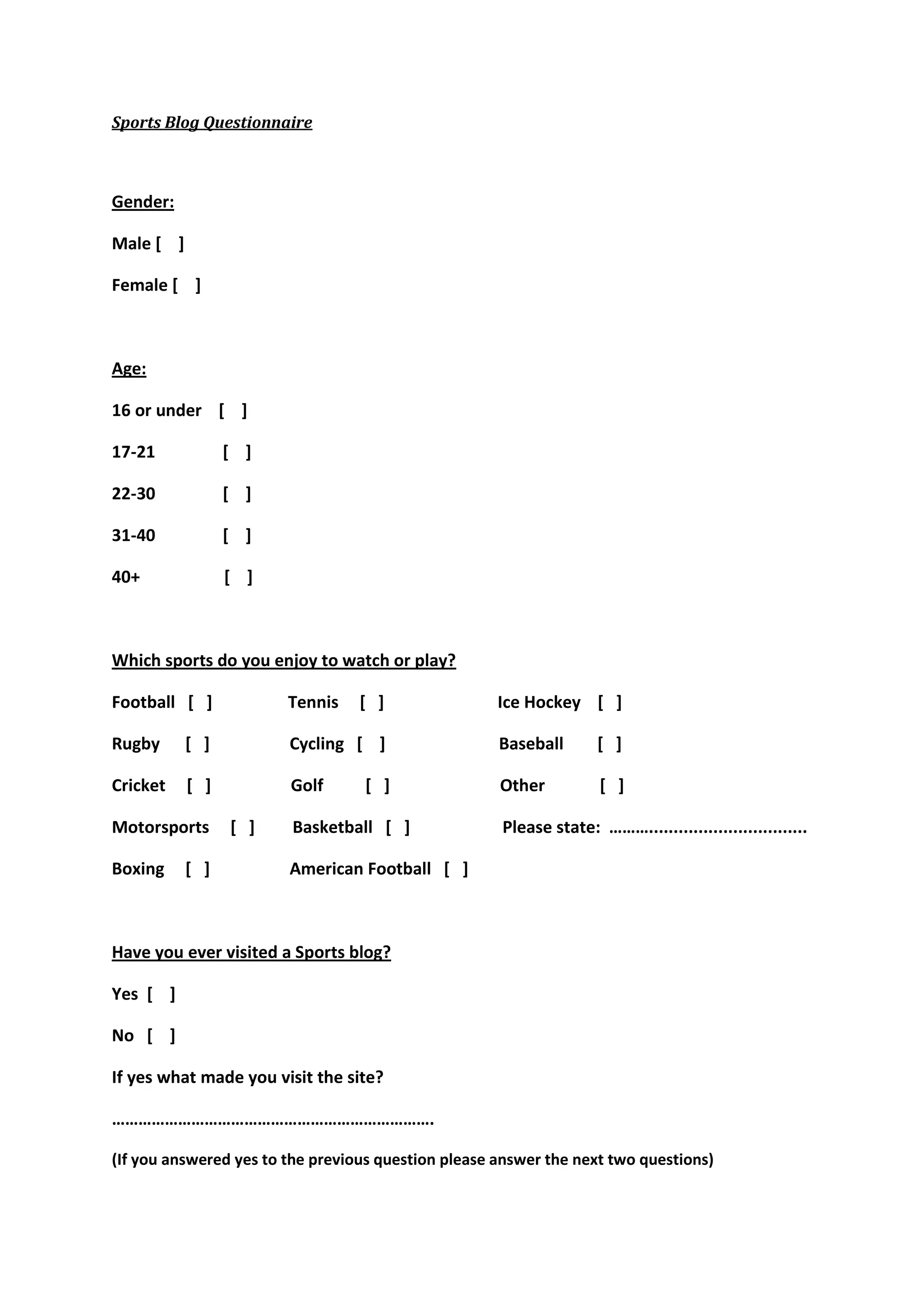 Sports blog questionnaire | PDF