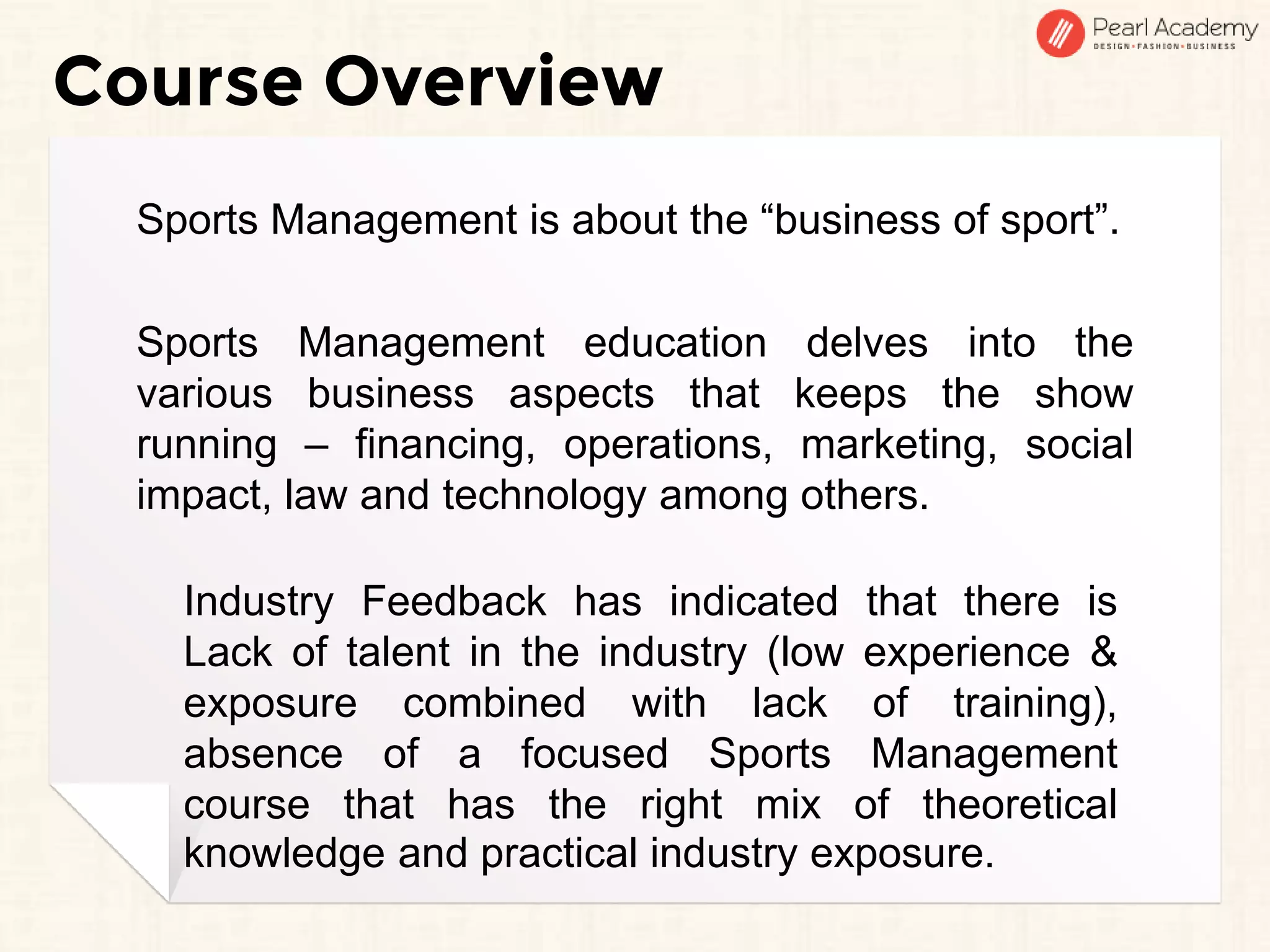 Introducing Sports Management at Pearl Academy | PPTX