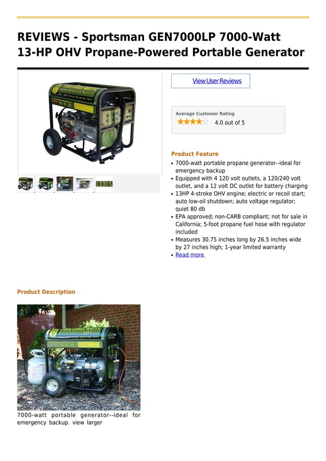 Sportsman gen7000 lp 7000 watt 13-hp ohv propane-powered portable generator | PDF